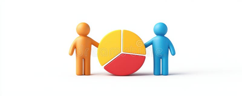 Three Yellow Figures Collaborating on Colorful Pie Chart Sections ...