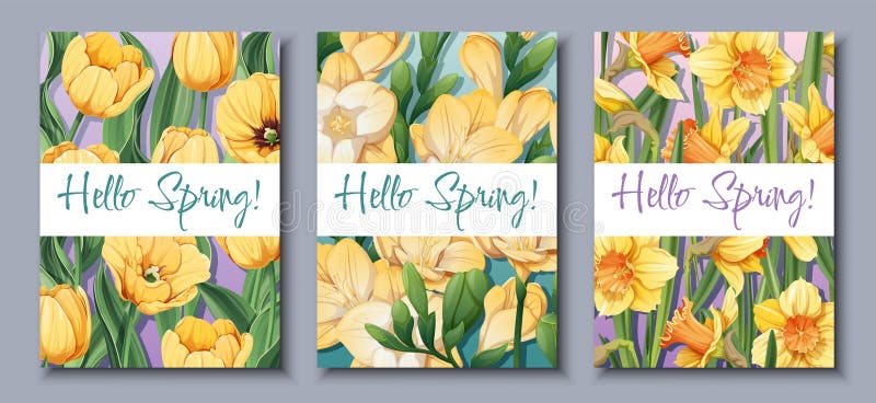 Three Yellow Flower Cards with Hello Spring in Floral Font Stock Vector ...
