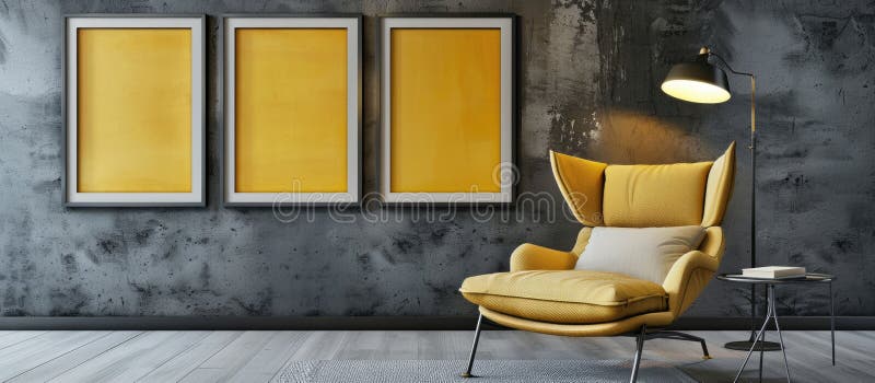 Three Yellow Frames on Living Room Wall Stock Photo - Image of blank ...