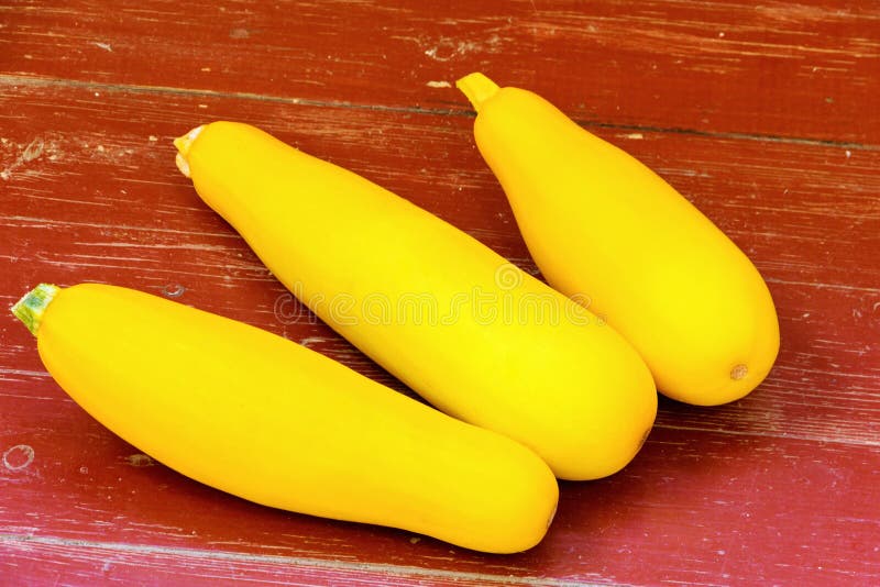 Three Yellow-fruited Zucchini on a Wooden Surface Stock Photo - Image ...