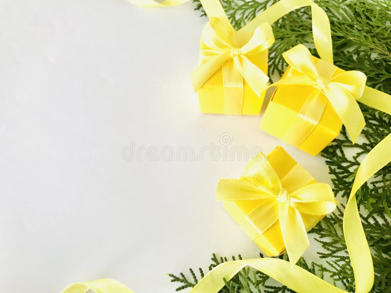 Three Yellow Gift Boxes with Yellow Ribbon on White Background. Stock ...