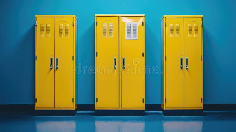 Yellow Lockers Against Blue Wall Stock Image - Image of classrooms ...