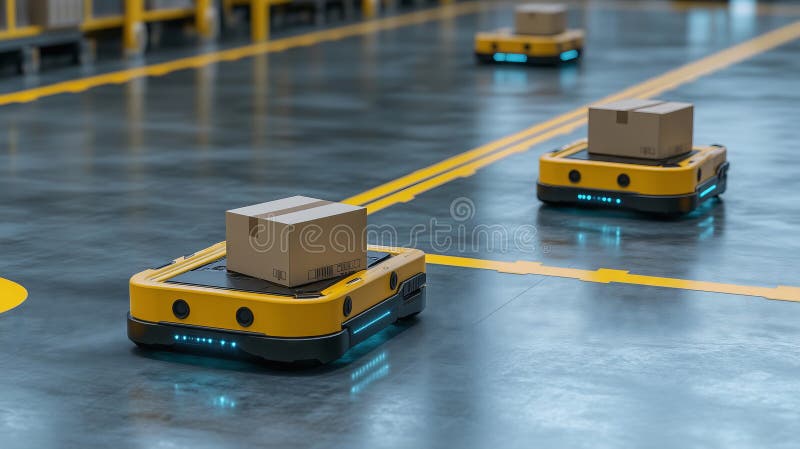 Three Yellow Micro-robots Transporting Packages in a Modern Warehouse ...