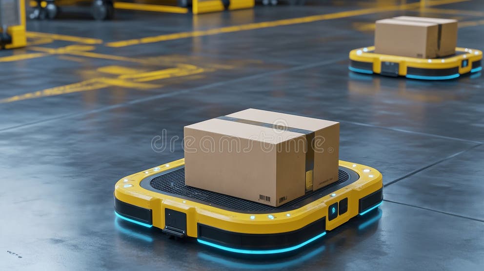 Three Yellow Micro-robots Transporting Packages in a Modern Warehouse ...