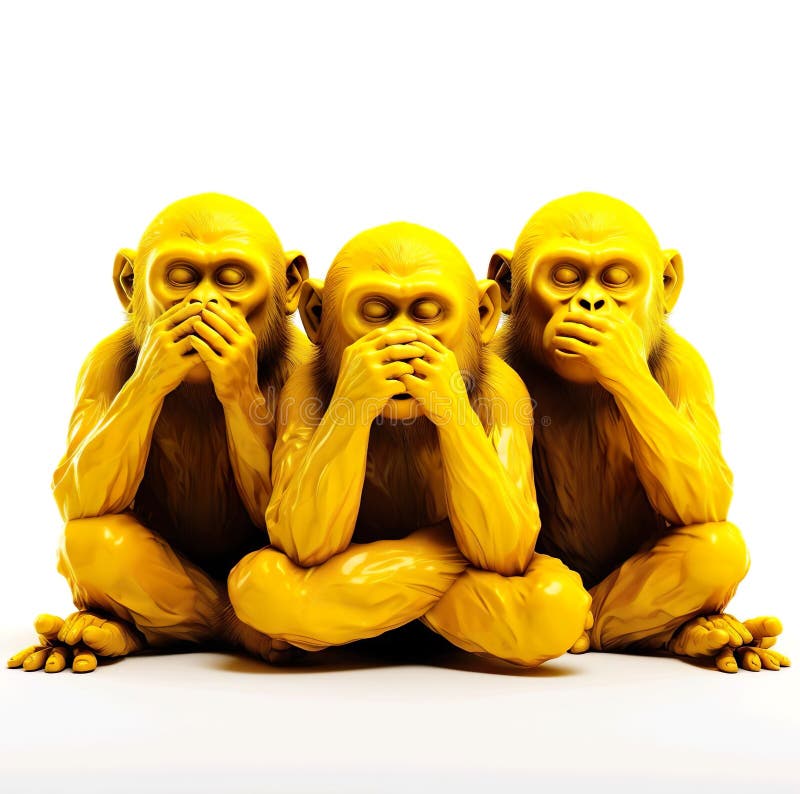 Three Yellow Monkeys with Their Mouths Closed with Hand Illustration 3d ...