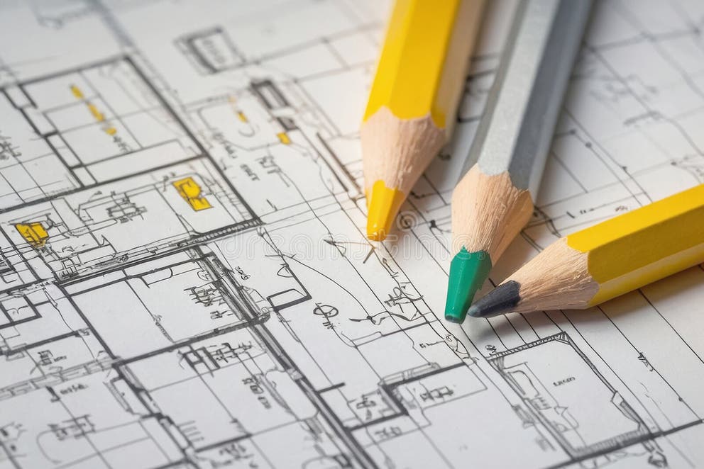 Three Yellow Pencils on a Technical Drawing Project and an ...
