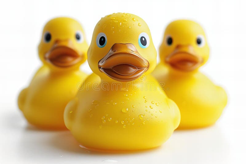 Three Yellow Rubber Ducks Isolated on White Background, Front View ...