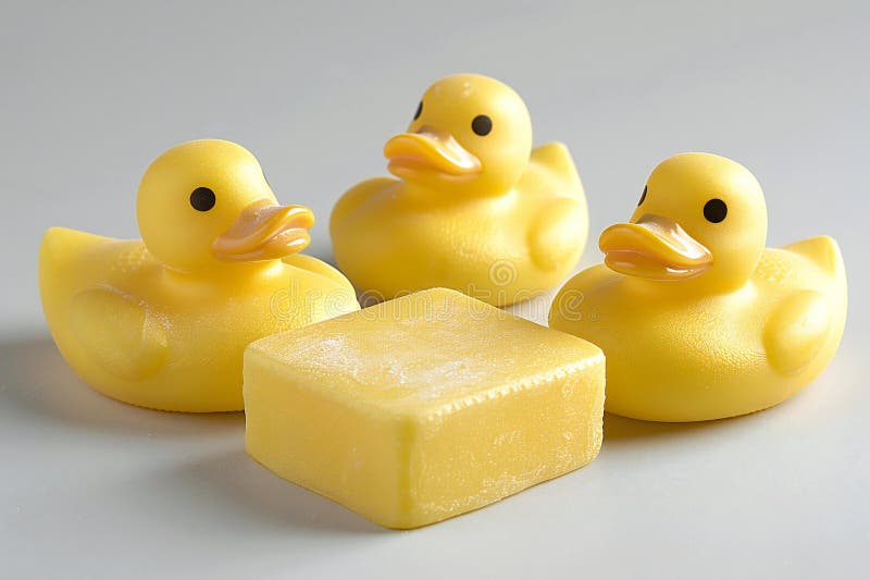 Three Yellow Rubber Ducks Isolated on White Background, Front View ...