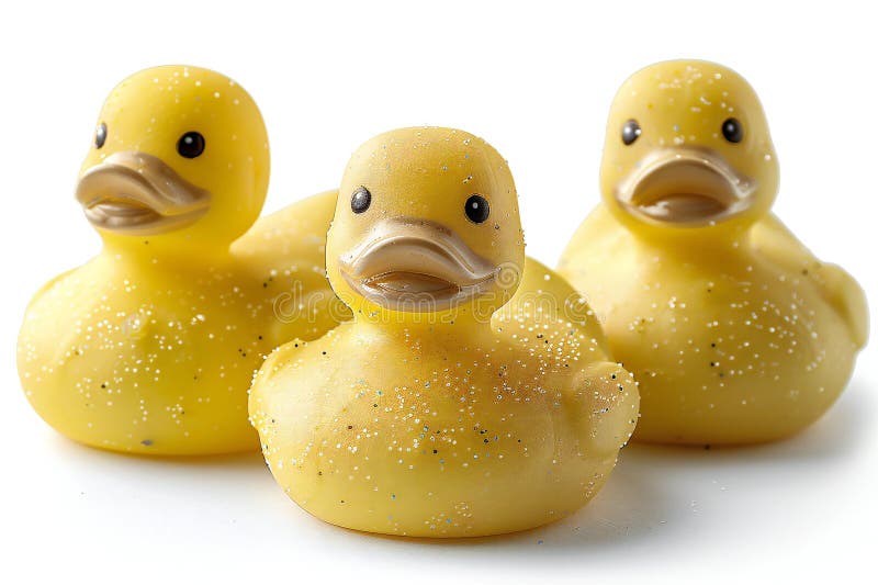 Three Yellow Rubber Ducks Isolated on White Background, Front View ...
