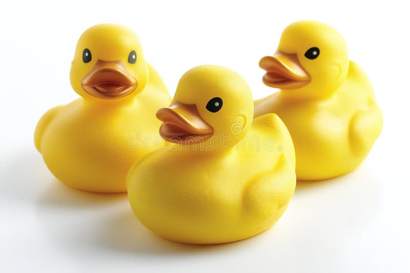 Three Yellow Rubber Ducks Isolated on White Background, Front View ...