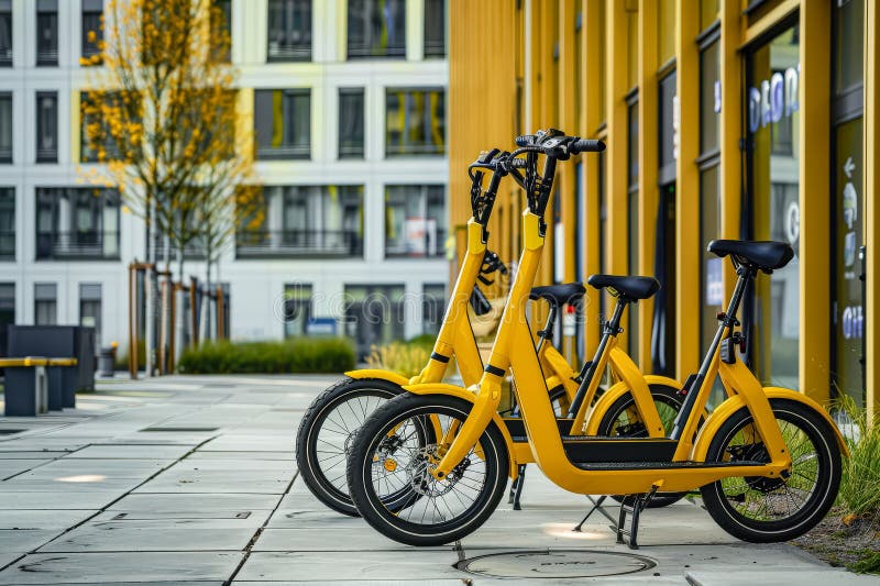 Three Yellow Scooters are Parked Next To Each Other on a Sidewalk Stock ...