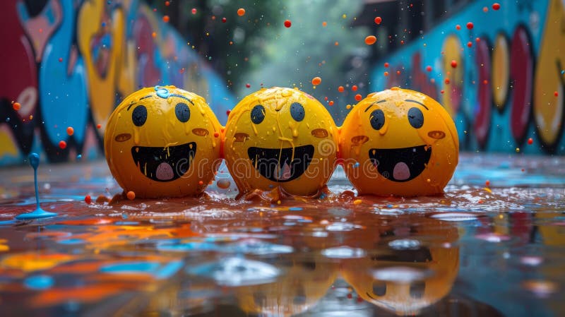 Three Yellow Smiley Face Emoticons are Sitting in a Puddle of Water, AI ...