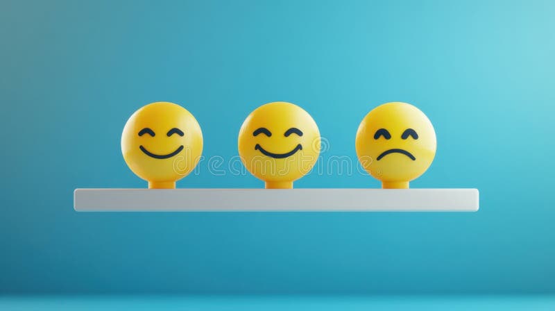 Three Yellow Smiley Faces Expressing Different Emotions on a Shelf ...