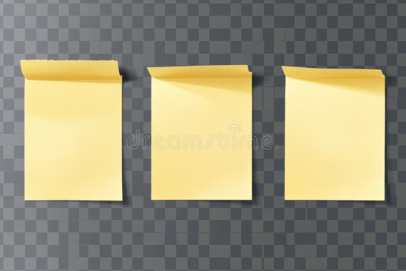 Three Yellow Sticky Notes with Curled Corners on Transparent Background ...