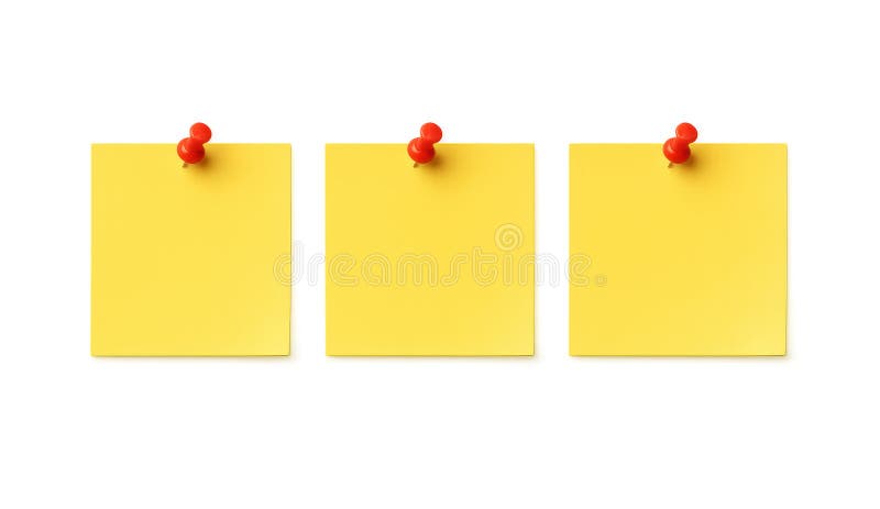Three Yellow Sticky Notes with Red Push Pins for Reminders, Office ...