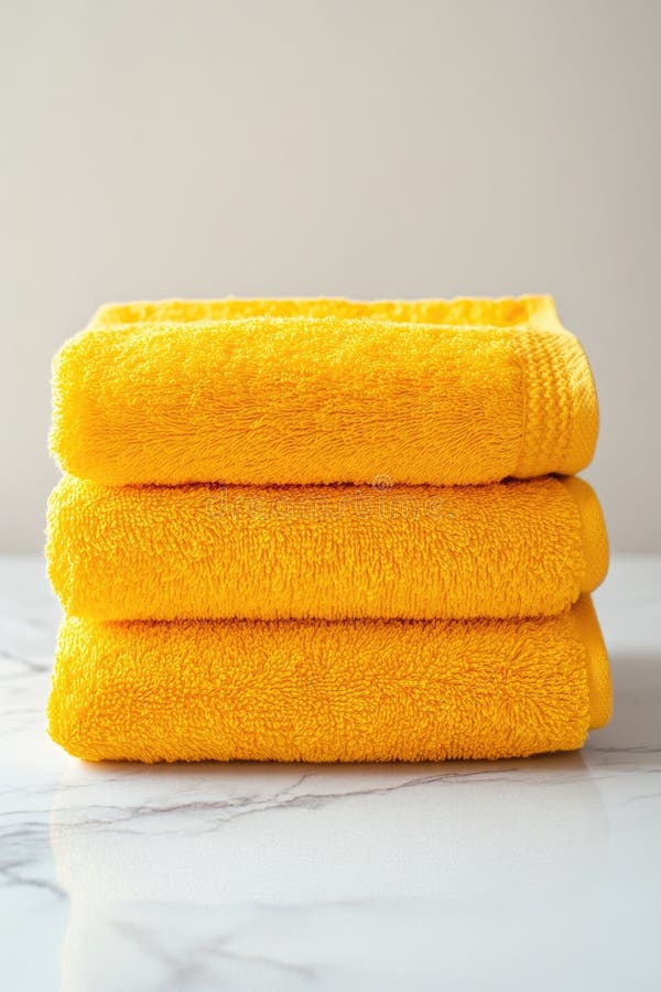 Three Yellow Towels Piled High, Ideal for Bathroom Storage or ...