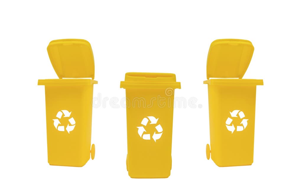 Three Yellow Trash Cans with Recyclable Lids Stock Image - Image of ...