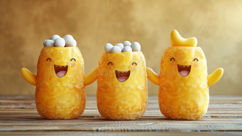 Three Yellow and White Shaped Objects with Eyes, Mouths and a Face, AI ...