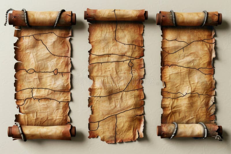 Three Yellowed Papers Suspended from a Wall, with Creases and Folds ...