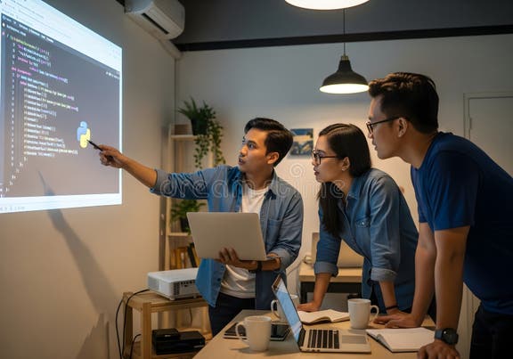 Asian Team Collaborating on Code Presentation Stock Illustration ...