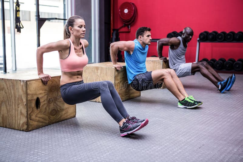 Three Young Bodybuilders Doing Exercises Stock Photo - Image of ...