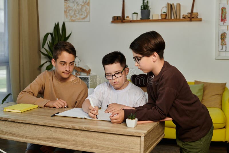 Three Young Boys Work Together on Stock Photo - Image of young, desk ...