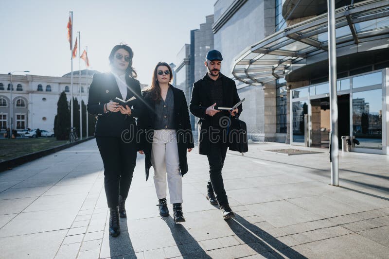 Three Young Business People Confidently Walk in the City while Engaging ...