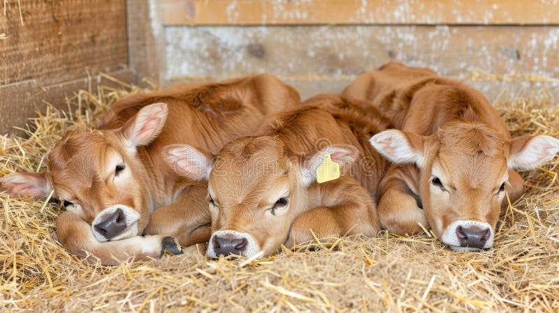 Three Young Calves with Yellow Ear Tags Resting in a Cozy Barn on a Bed ...