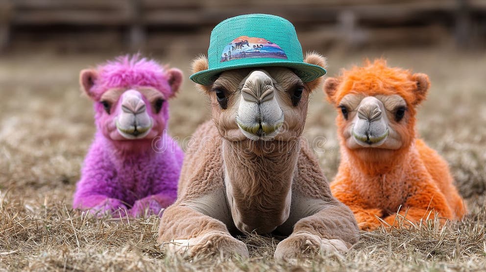 Three Young Camels with Vibrant Colored Fur and a Hat Stock ...