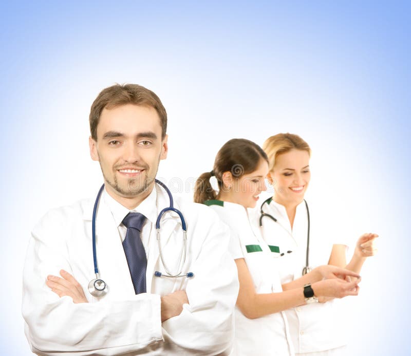 Three Young Caucasian Doctors in White Clothes Stock Image - Image of ...