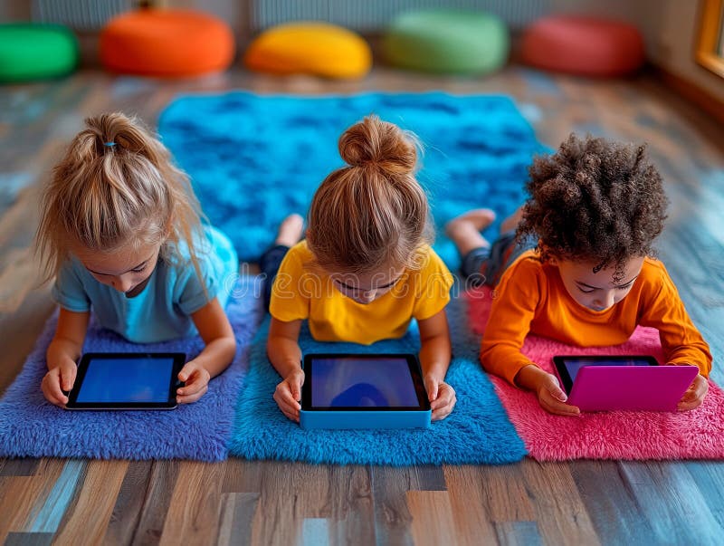 Three Young Elementary School Girls, Seated Cross-legged on a Multi ...