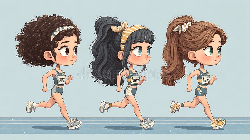Three Young Female Runners in a Cartoon Illustration Stock Illustration ...