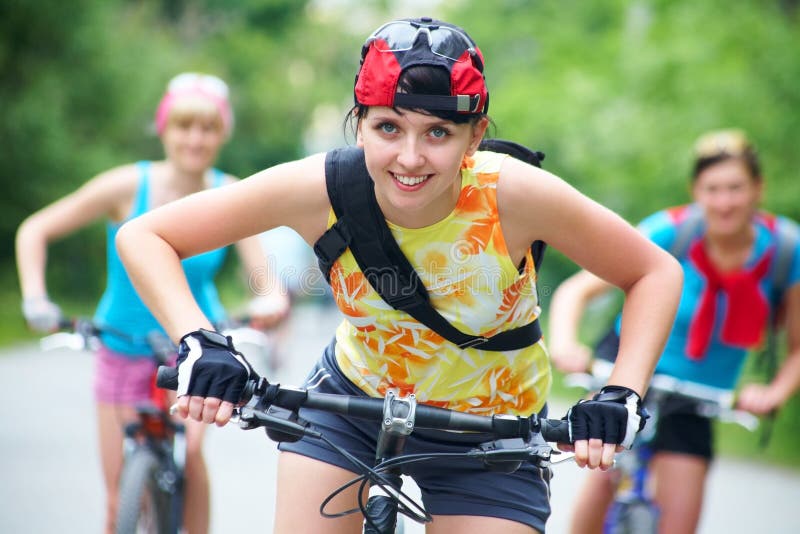 Three Young Girls on Bicycle Stock Image - Image of outdoors, leisure ...
