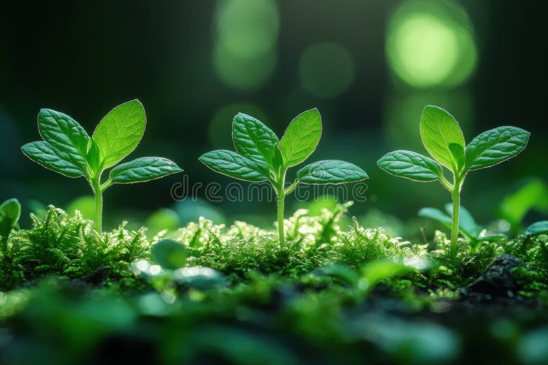 Three Young Green Sprouts Growing in Soil with Sunlight Shining through ...