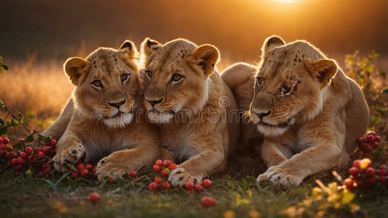 Three Adorable Lion Cubs at Sunset, Playing Near Red Berries Stock ...