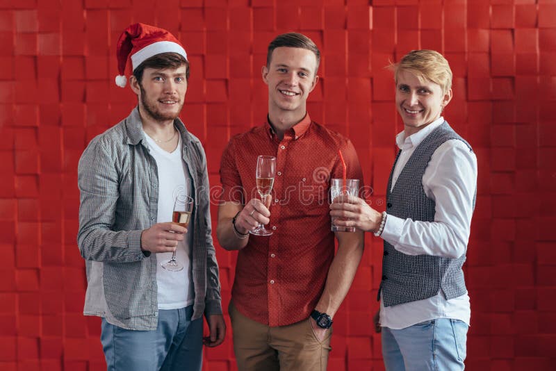 Three Young Men Celebrate Christmas or New Year Stock Photo - Image of ...