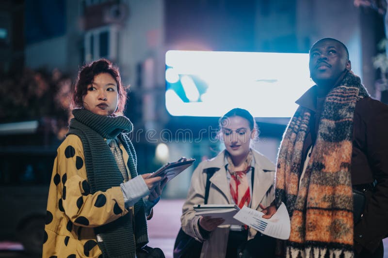 Three Young People Collaborating in a Night Urban Setting with Tablets ...
