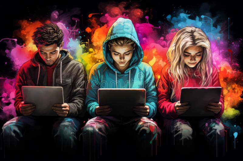 Three Young People are Sitting at Laptops. Drawing Stock Illustration - Illustration of group ...