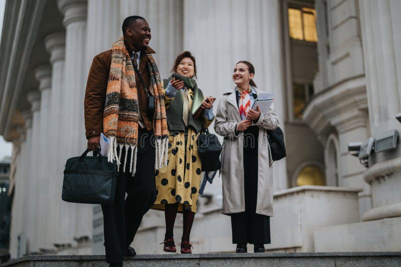Group of Young Professionals Walking and Smiling Together in Urban Area ...