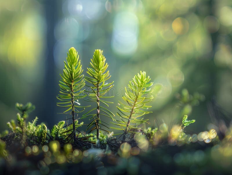 Three Young Pine Saplings Emerging in a Sun-Dappled Forest Stock ...