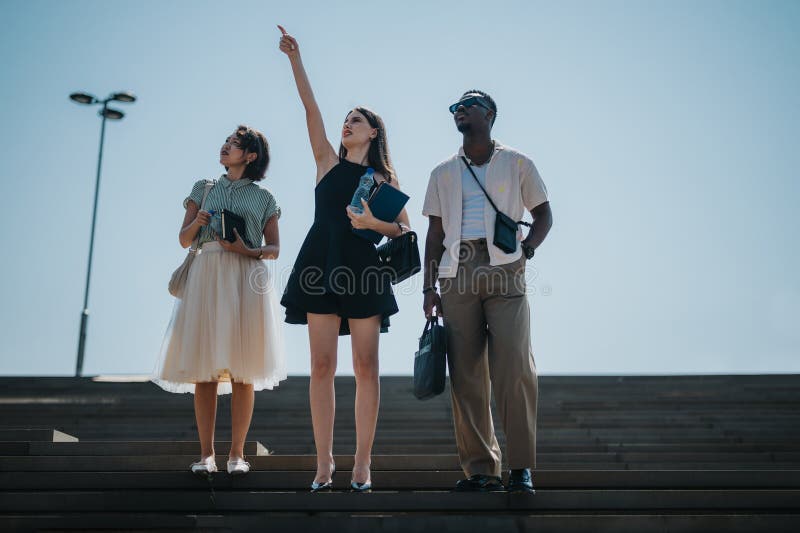 Three Young Professionals Having a Discussion while Exploring the City ...