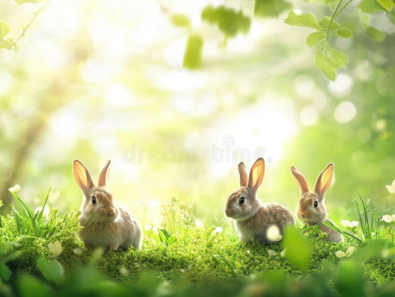 Three Young Rabbits in a Spring Meadow Stock Illustration ...