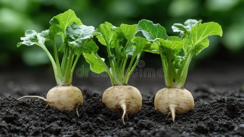 Three Young Root Vegetables Sprout in Rich Soil Stock Illustration ...