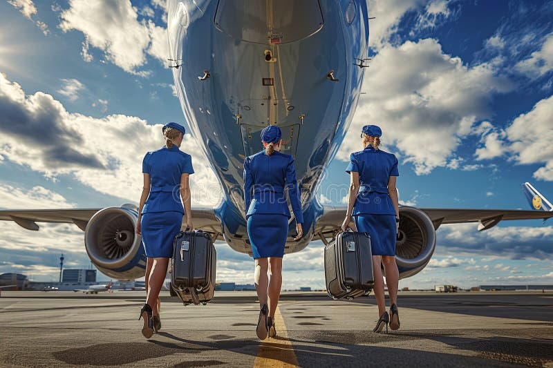 Three Young Slender Flight Attendants Approach the Airliner. Bottom ...