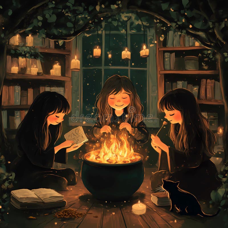 Three Young Witches Practicing Magic Around a Cauldron Stock ...