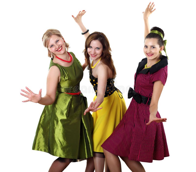 Three Young Woman in Bright Colour Dresses Stock Photo - Image of ...