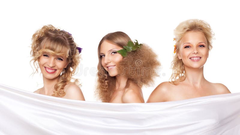 Three Young Woman with Flower Hair Style Stock Image - Image of perfect ...