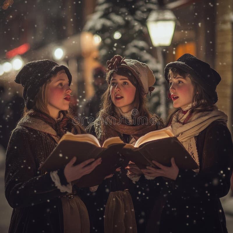Three Young Women Sing Christmas Carols in the Snow Stock Illustration ...