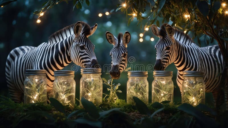 Enchanting Zebras at Night, Illuminated Jars Stock Illustration ...