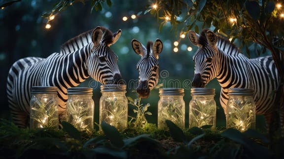 Enchanting Zebras at Night, Illuminated Jars Stock Illustration ...